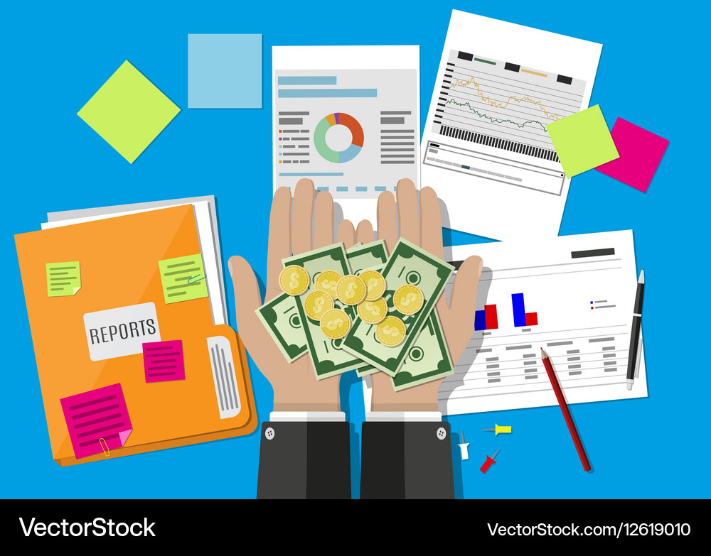 Hands with money and financial reports Royalty Free Vector