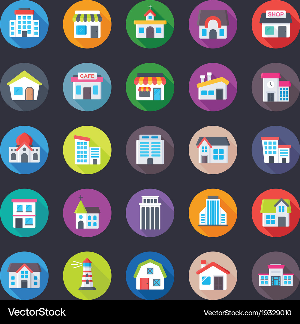 Pack of creative flat icons buildings Royalty Free Vector