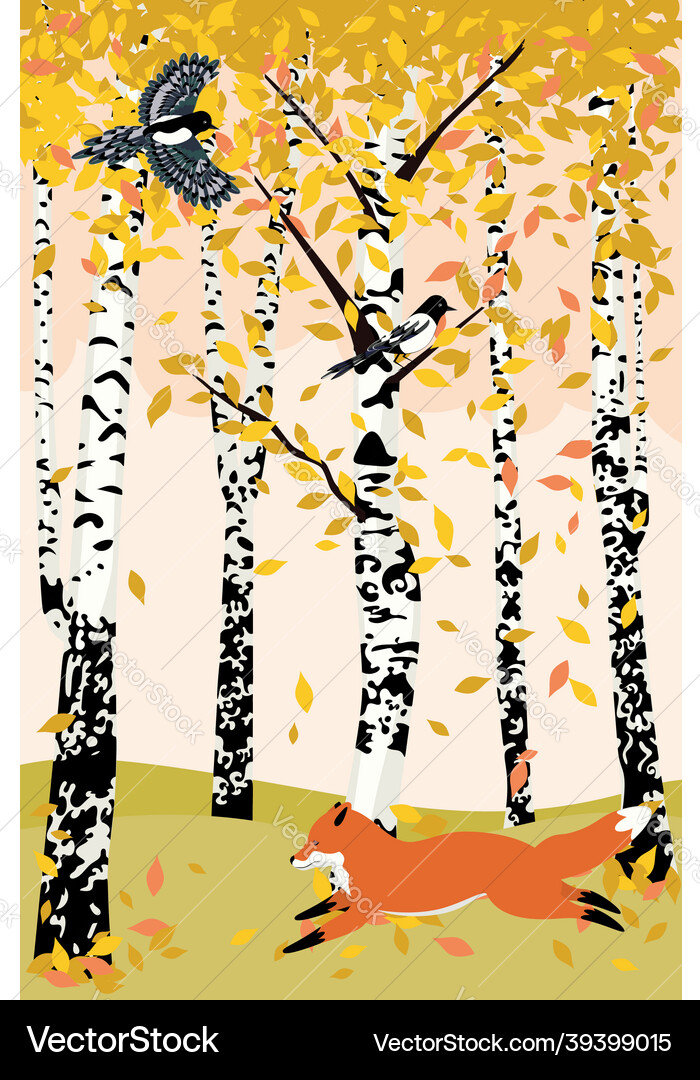 Autumn birch trees and animals Royalty Free Vector Image