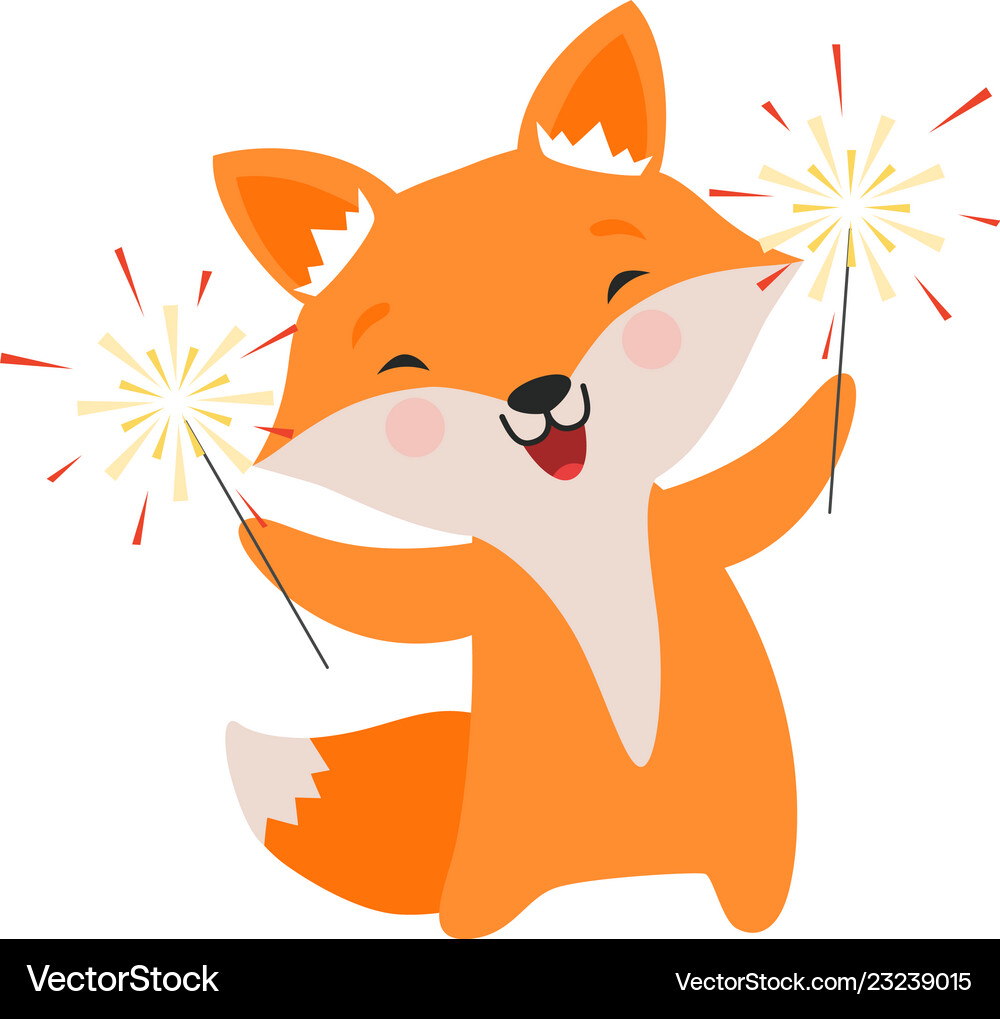 Cute Fox with Sparklers - Festive Celebration Vector Image