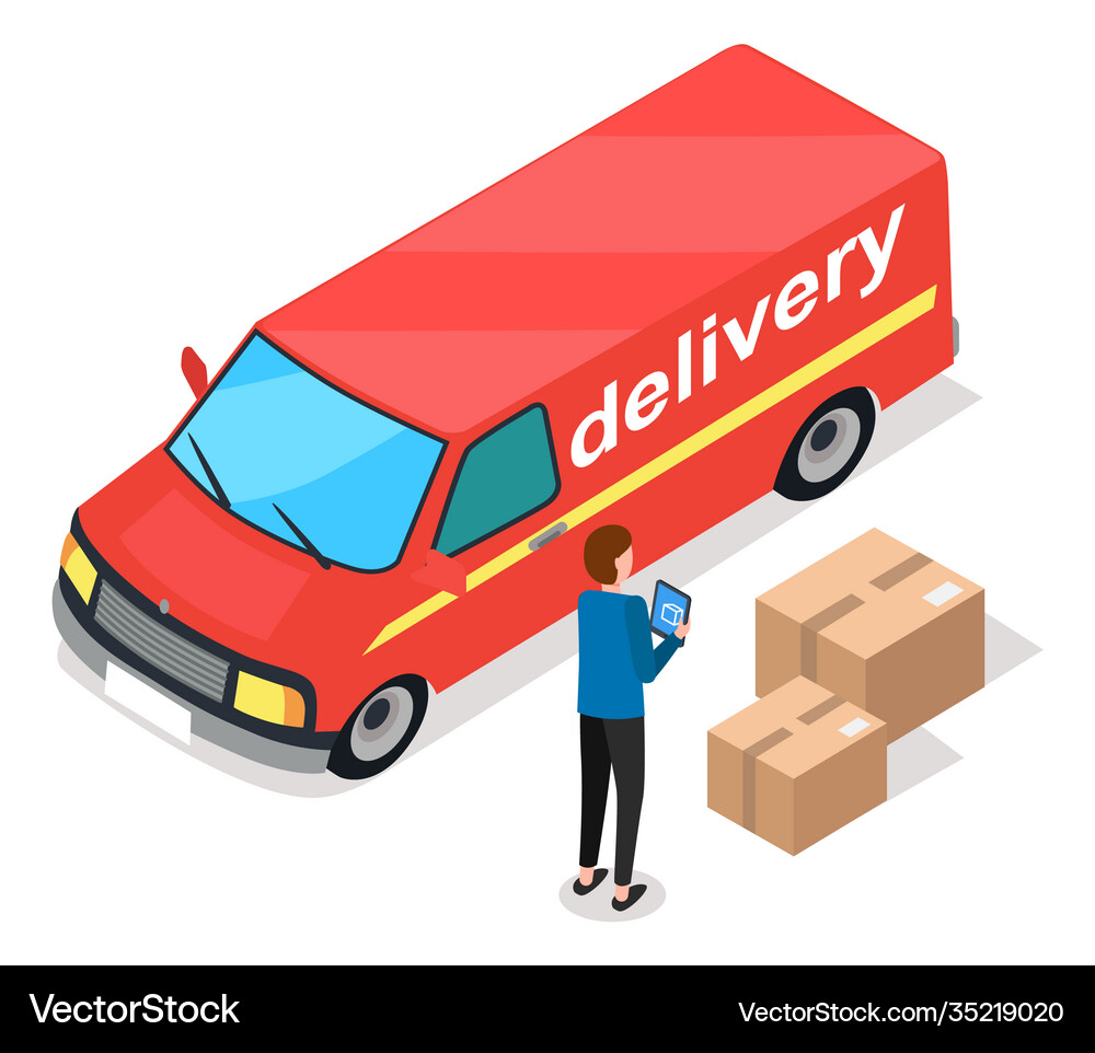 Delivery service concept red freight car and a Vector Image