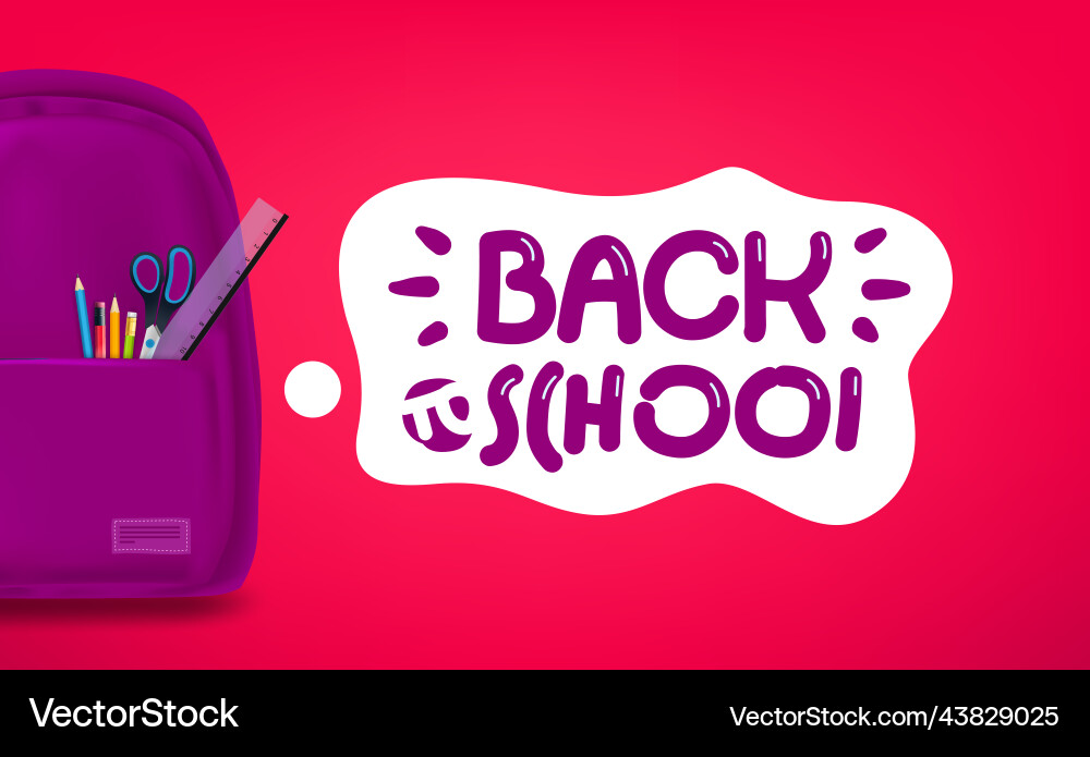 Violet school bag with stationery and back Vector Image