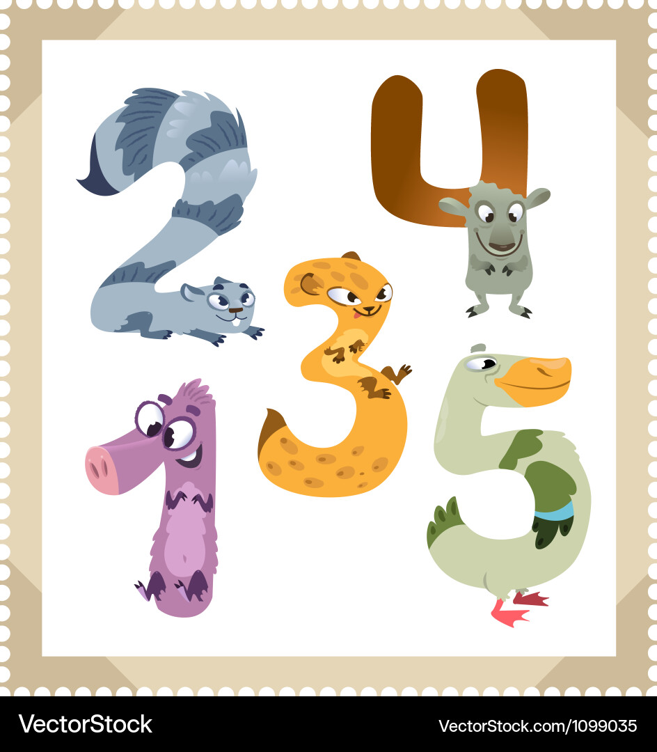 Cartoon animals numbers set with white bacground Vector Image