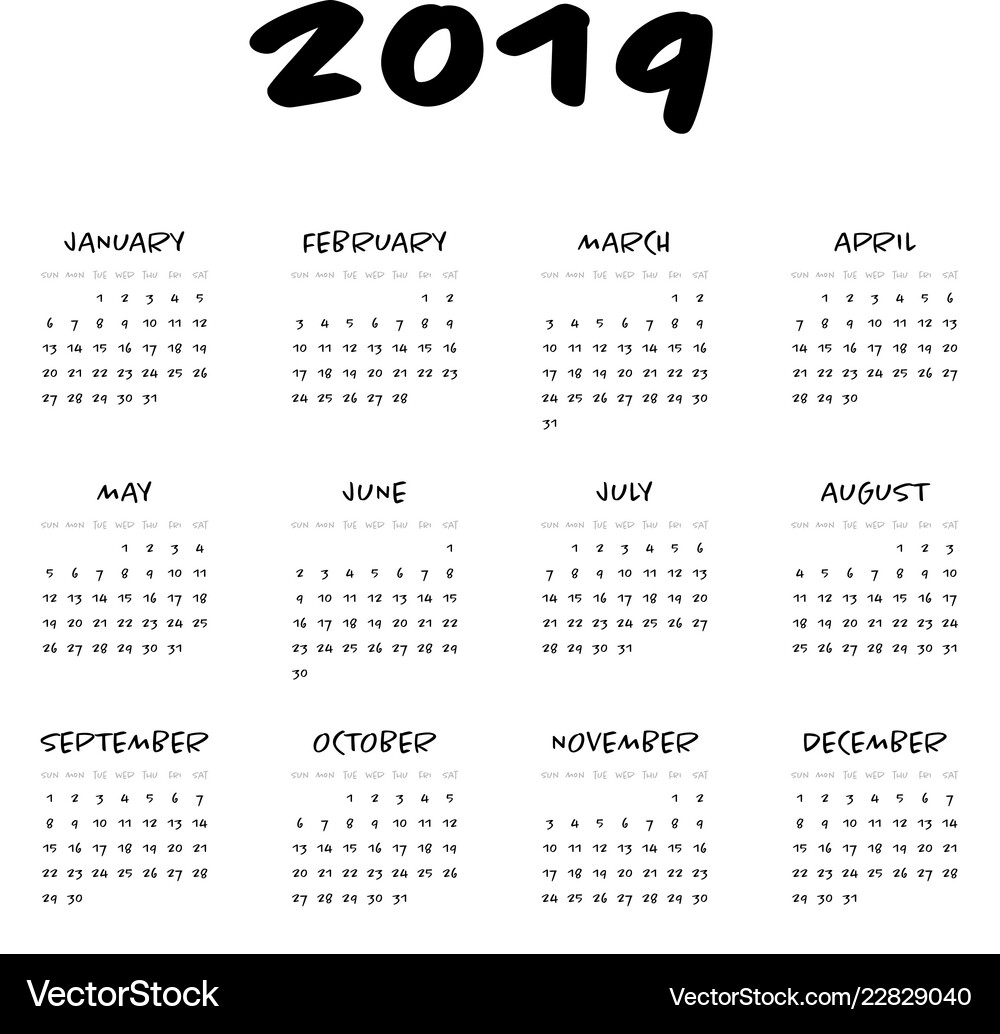 Calendar - year 2019 week starts from Royalty Free Vector