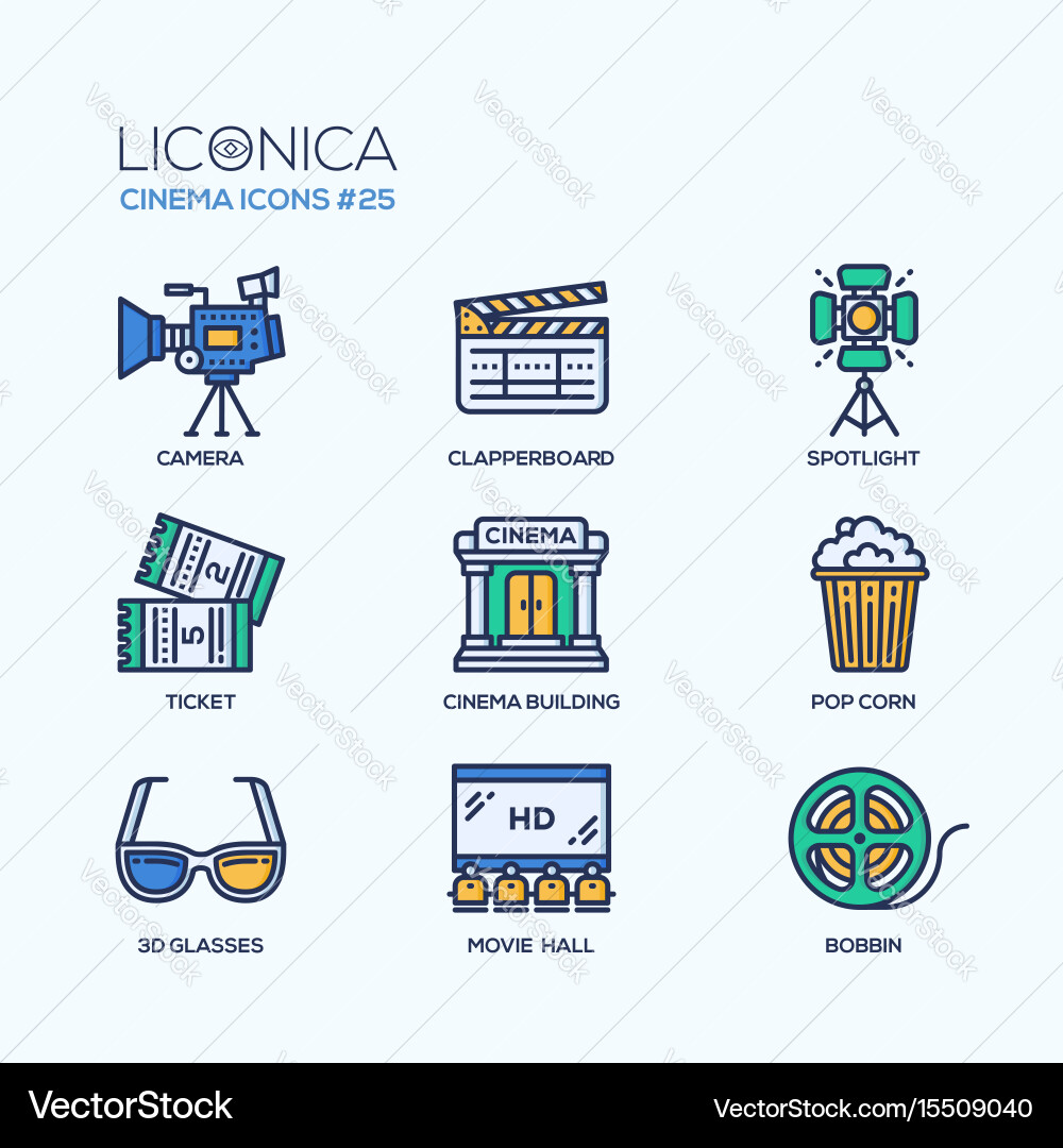 Cinema - modern flat line design icons set Vector Image