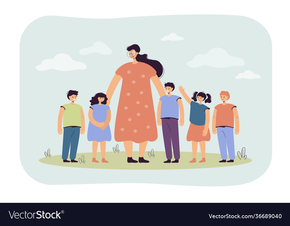 Female teacher and kids walking outdoors Vector Image
