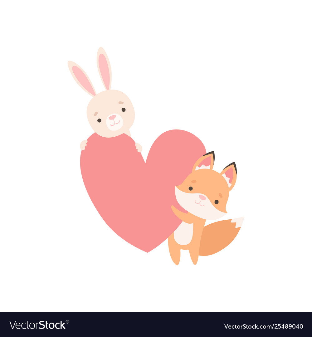 Lovely white little bunny and fox cub holding big Vector Image