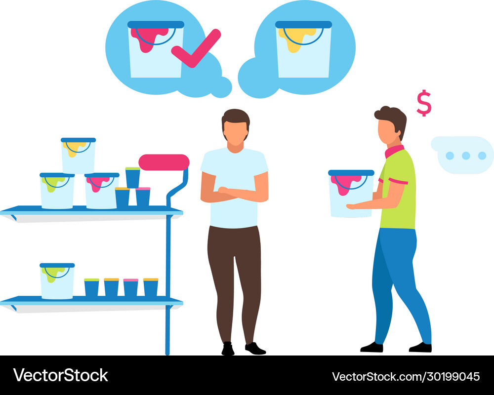 Male customer choosing paint flat shop assistant Vector Image