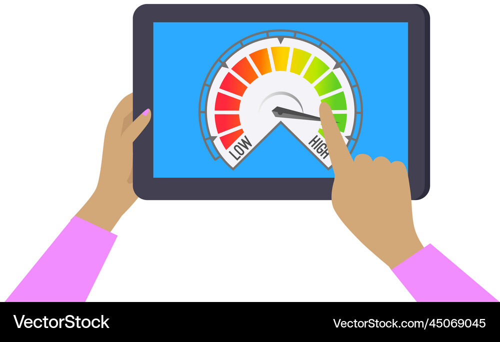 Person holds tablet works with scale from poor Vector Image