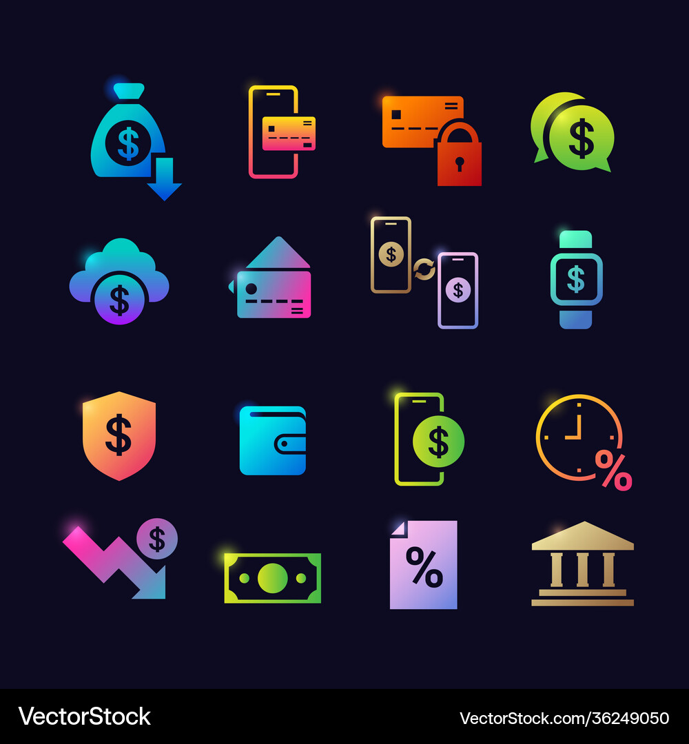 Set different financial banking symbols glowing Vector Image