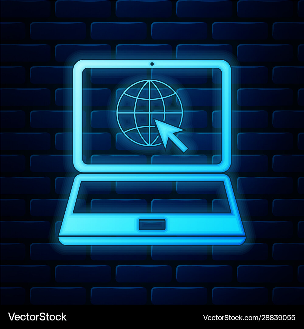 Glowing neon website on laptop screen icon Vector Image