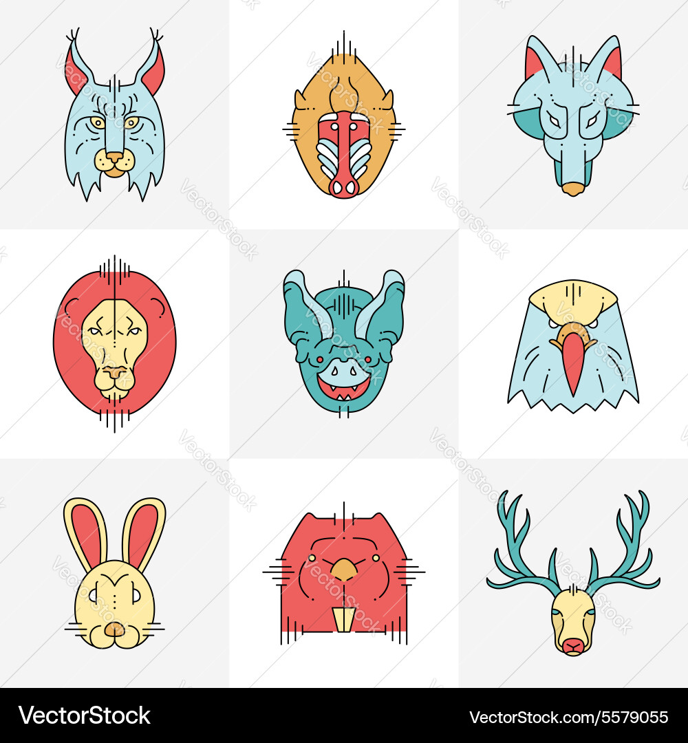 Set of animals linear flat icons labels Royalty Free Vector