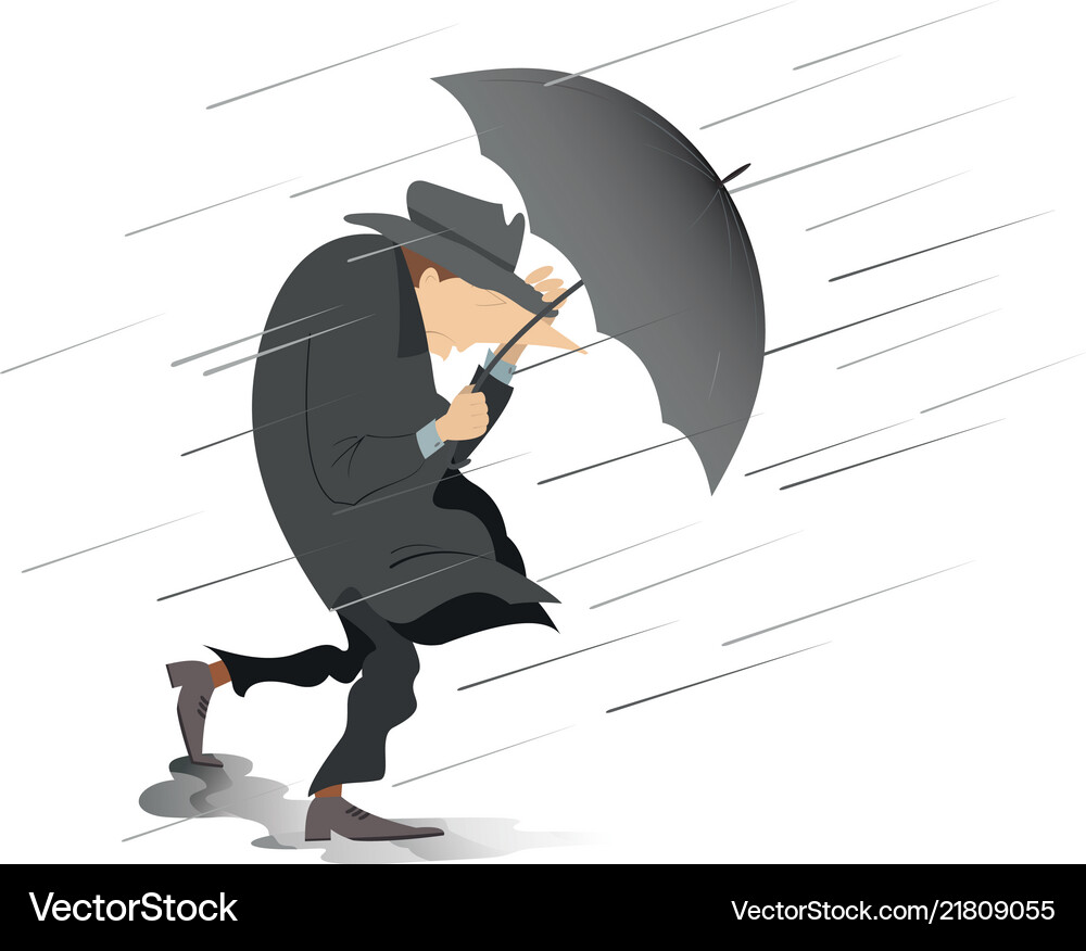 Strong wind rain and man with hat and umbrella i Vector Image