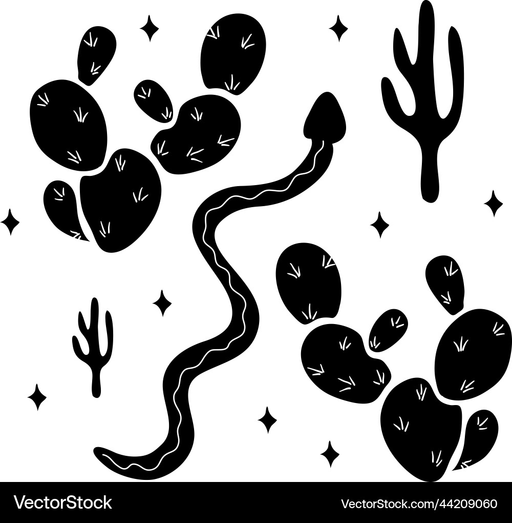 Snake and cactus hand drawn silhouette Royalty Free Vector