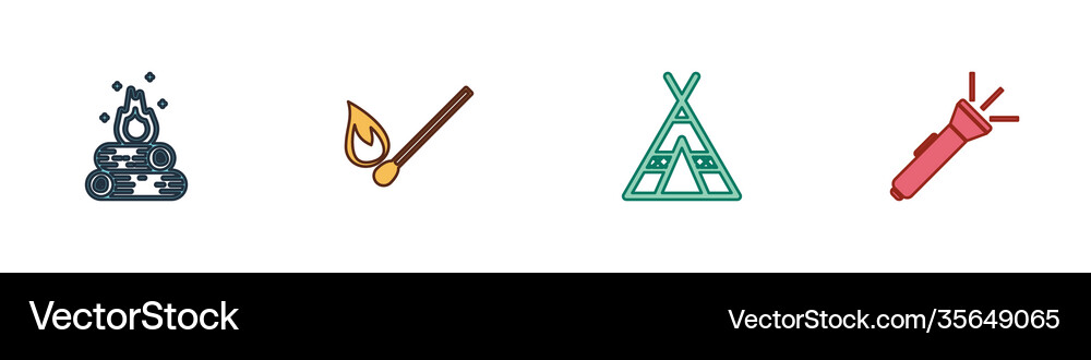 Set campfire burning match with tourist tent Vector Image