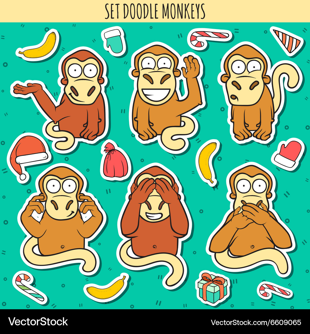 Year of red monkey doodle set monkeys sticker Vector Image