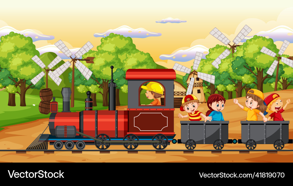 A kids in train with natural scene Royalty Free Vector Image