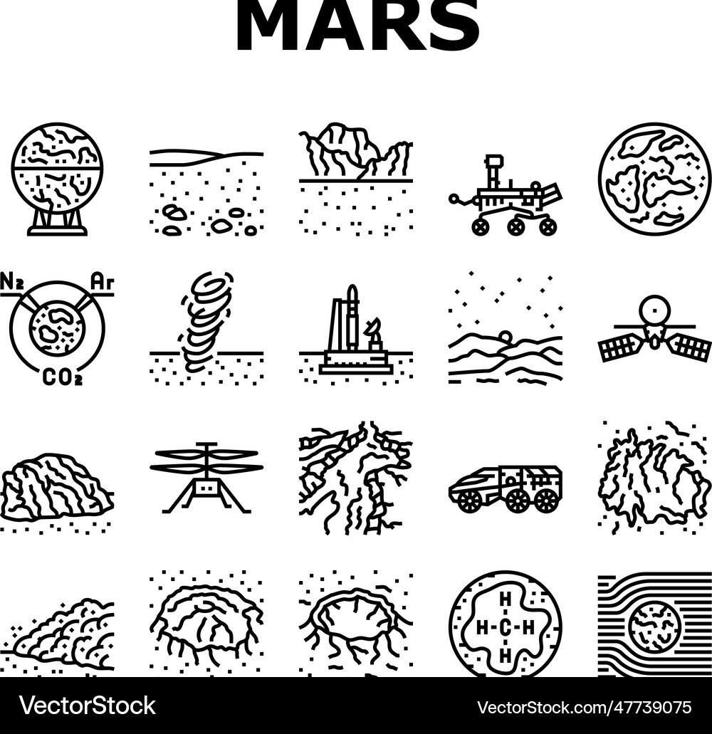 Mars planet space astronomy icons set Royalty Free Vector
