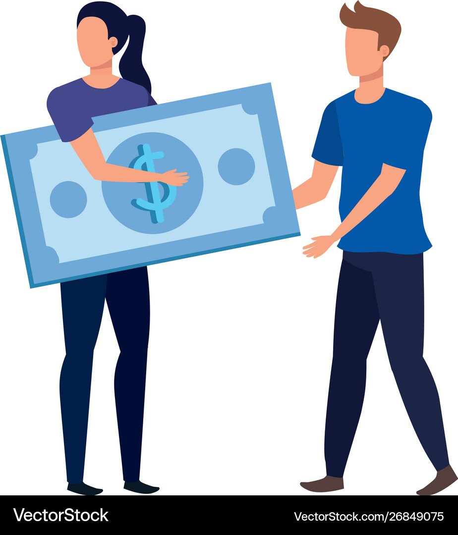 Young couple with bills dollars characters Vector Image