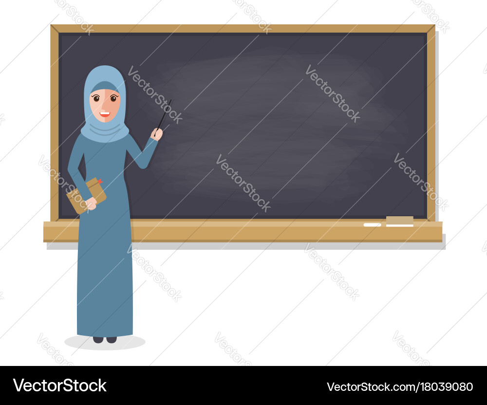 Muslim teacher teaching student in classroom Vector Image