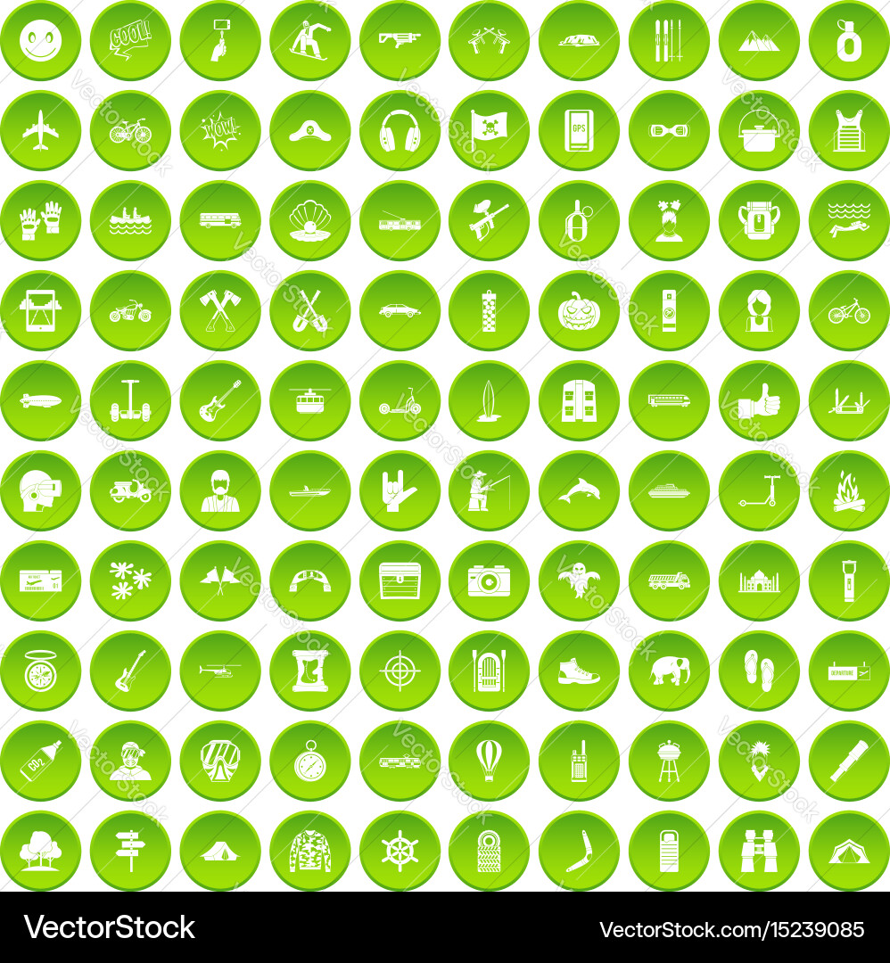 100 adventure icons set green circle Royalty Free Vector