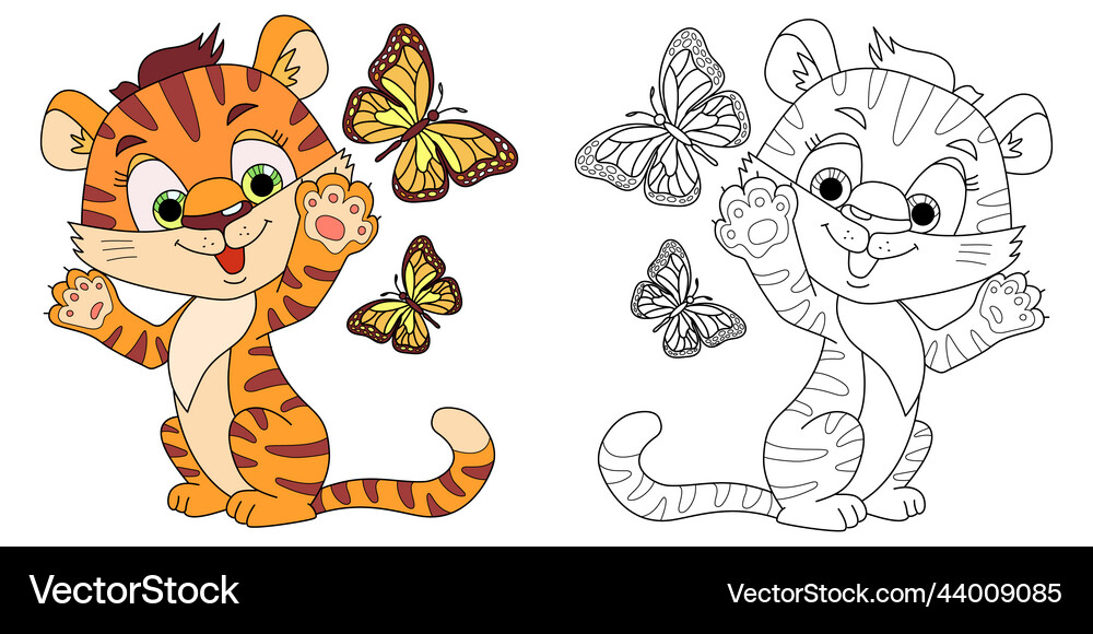 Coloring book tiger cub with butterfly Royalty Free Vector