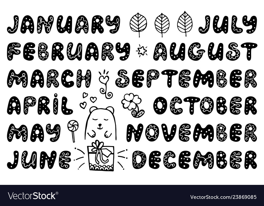 Handwritten Names Of Months And Doodle Elements Vector Image