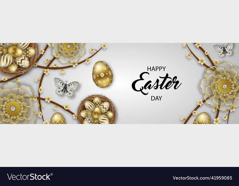 Happy easter banner with gold eggs Royalty Free Vector Image