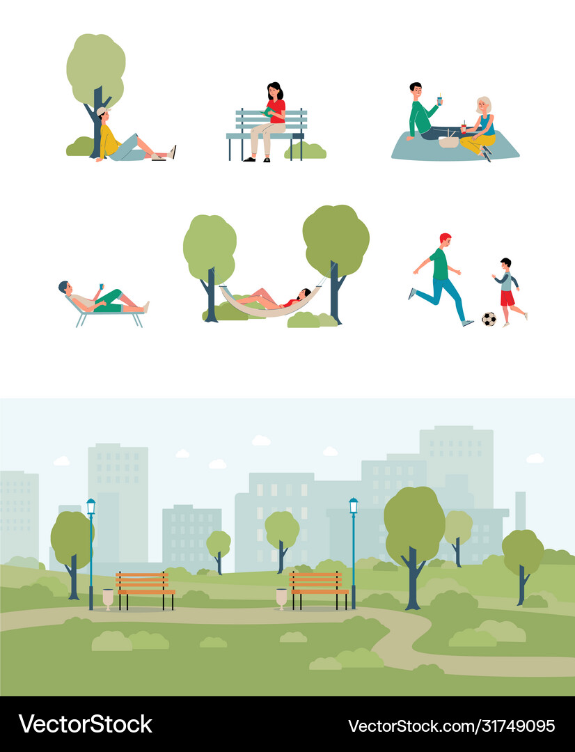 City park summer weekend scenery set flat Vector Image
