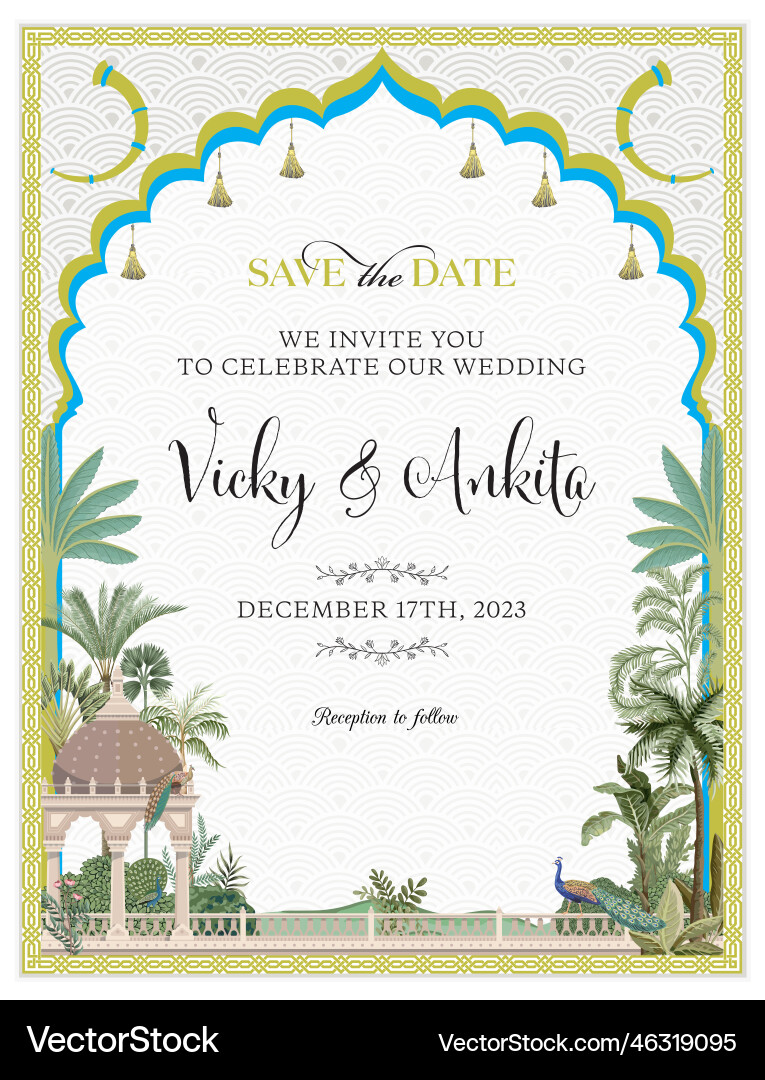 Traditional mughal wedding card design Royalty Free Vector