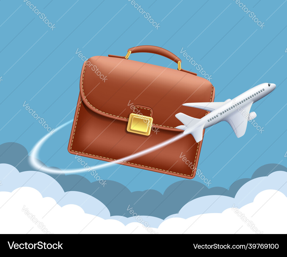 Plane flies around the suitcase against sky Vector Image
