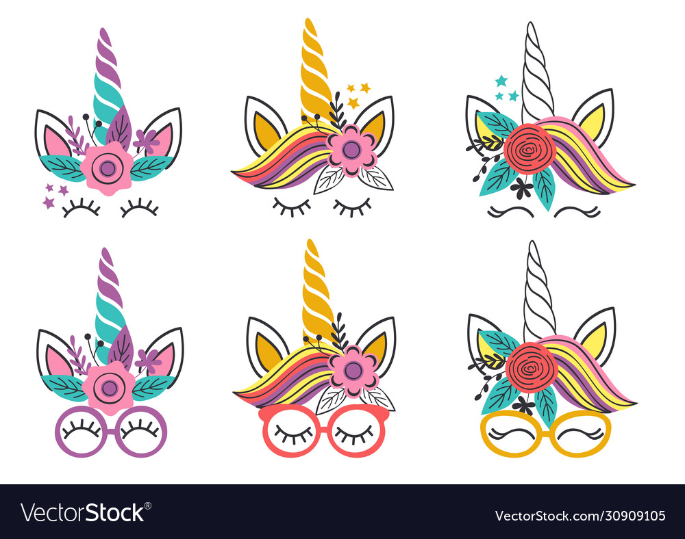 Set isolated lovely unicorn faces Royalty Free Vector Image
