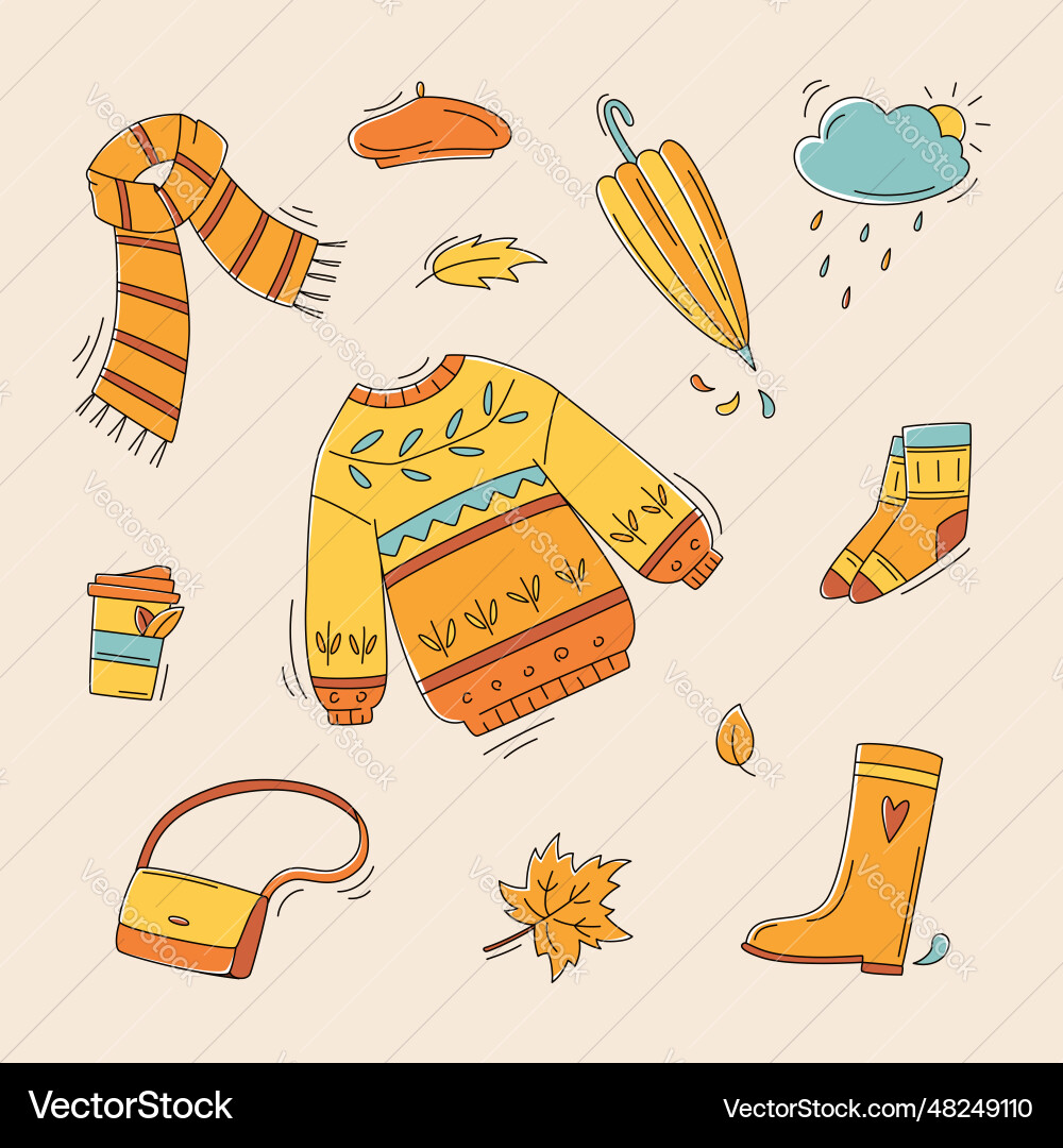 Autumn color doodles hand drawn set Royalty Free Vector