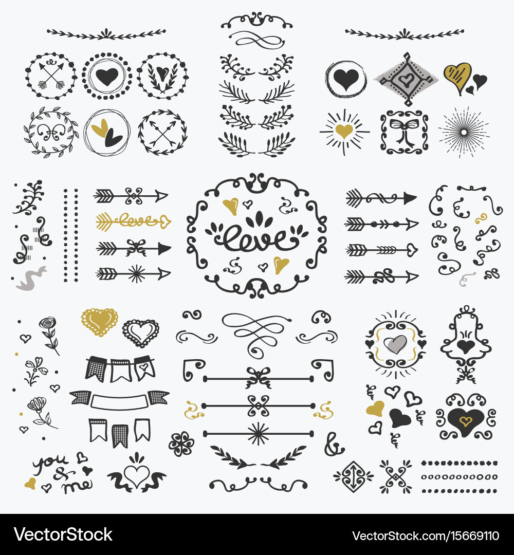 Black and golden hand drawn cute design elements Vector Image