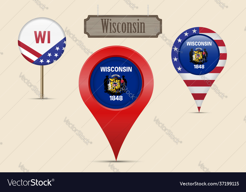 Wisconsin us state round flag map pin red Vector Image