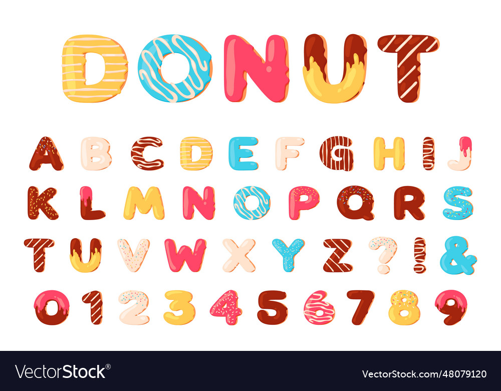 Donuts alphabet sweet doughnut font letters Vector Image