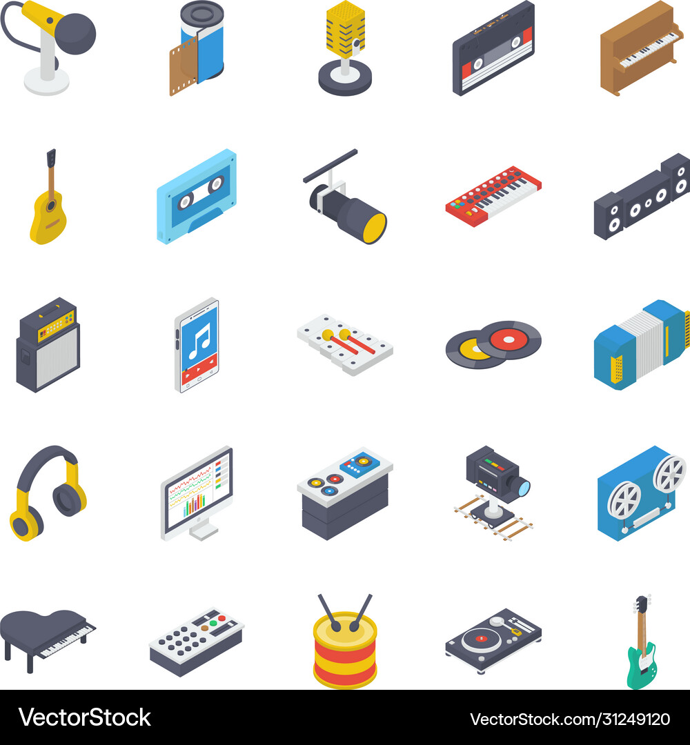 Musical instrument isometric icons pack Royalty Free Vector
