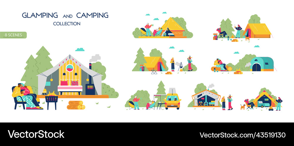 Glamping and camping collection with people Vector Image