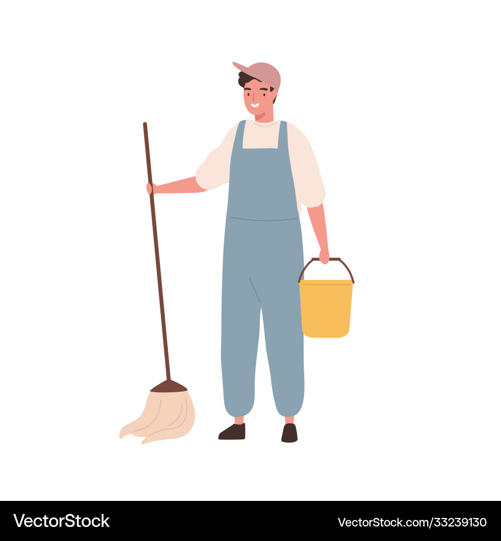 Guy cleaning staff with mop and bucket flat Vector Image
