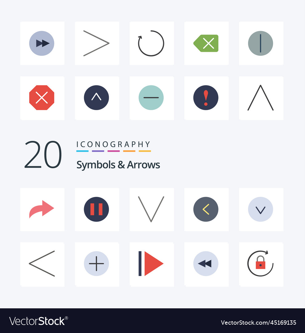 20 symbols arrows flat color icon pack like Vector Image