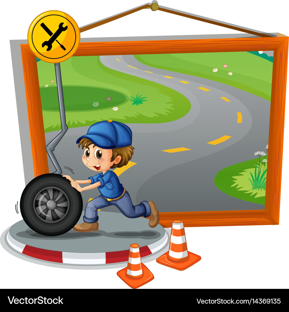 Mechanic rolling wheel on the road Royalty Free Vector Image