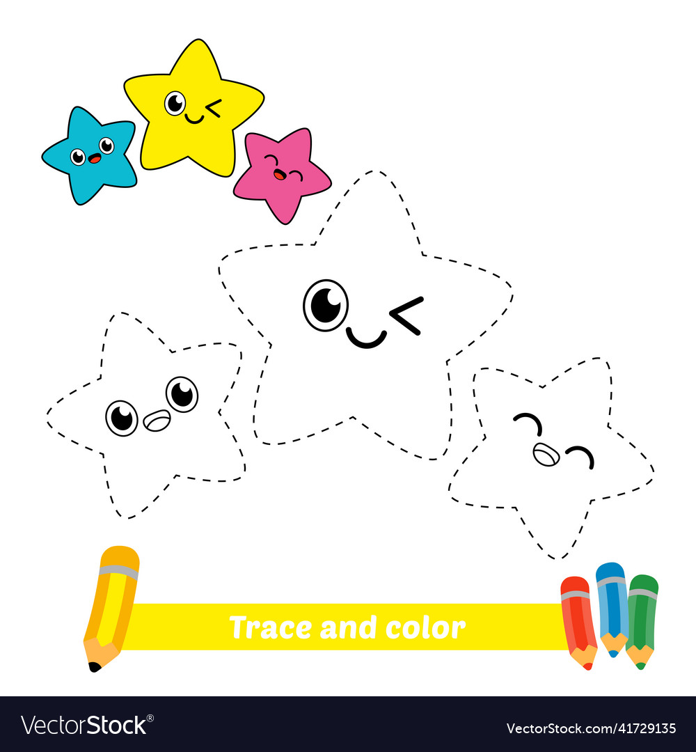 Trace and color for kids stars Royalty Free Vector Image