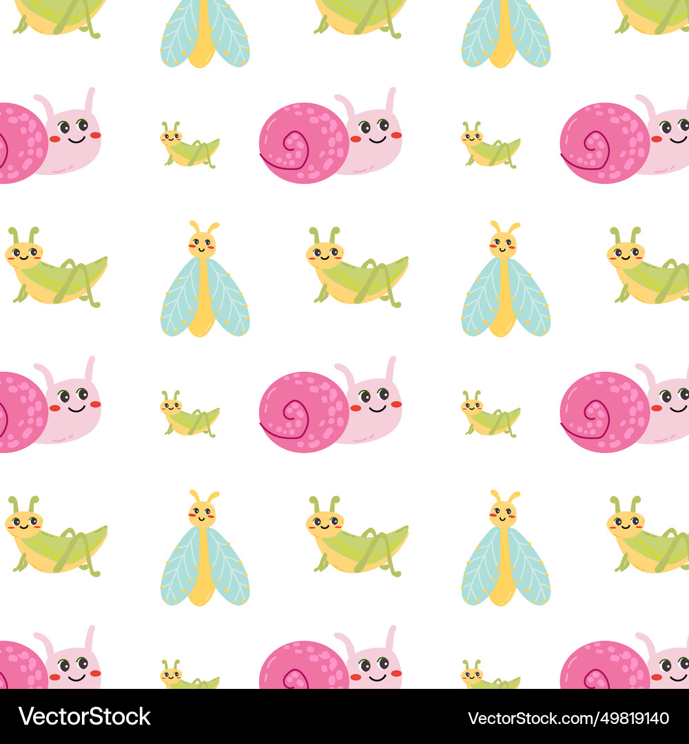 Cute fly and snail insects seamless background Vector Image
