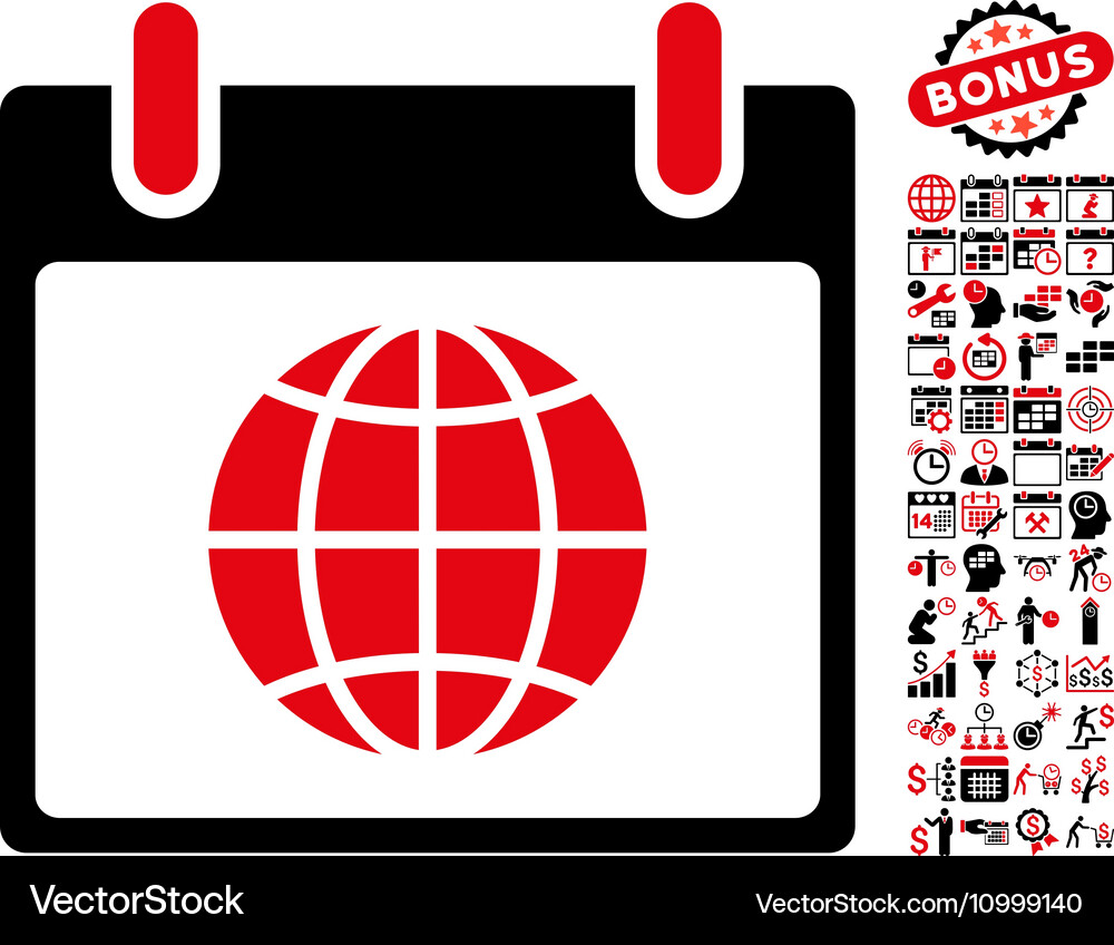 Globe calendar day flat icon with bonus Royalty Free Vector