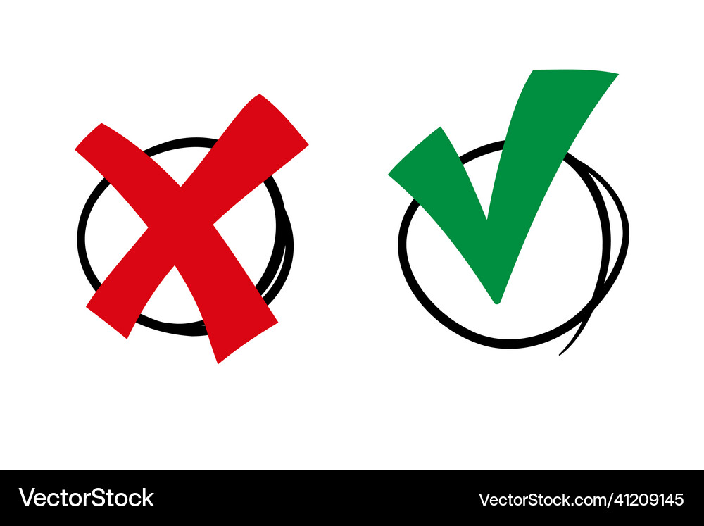 Hand drawn doodle grunge style checkmark and cross