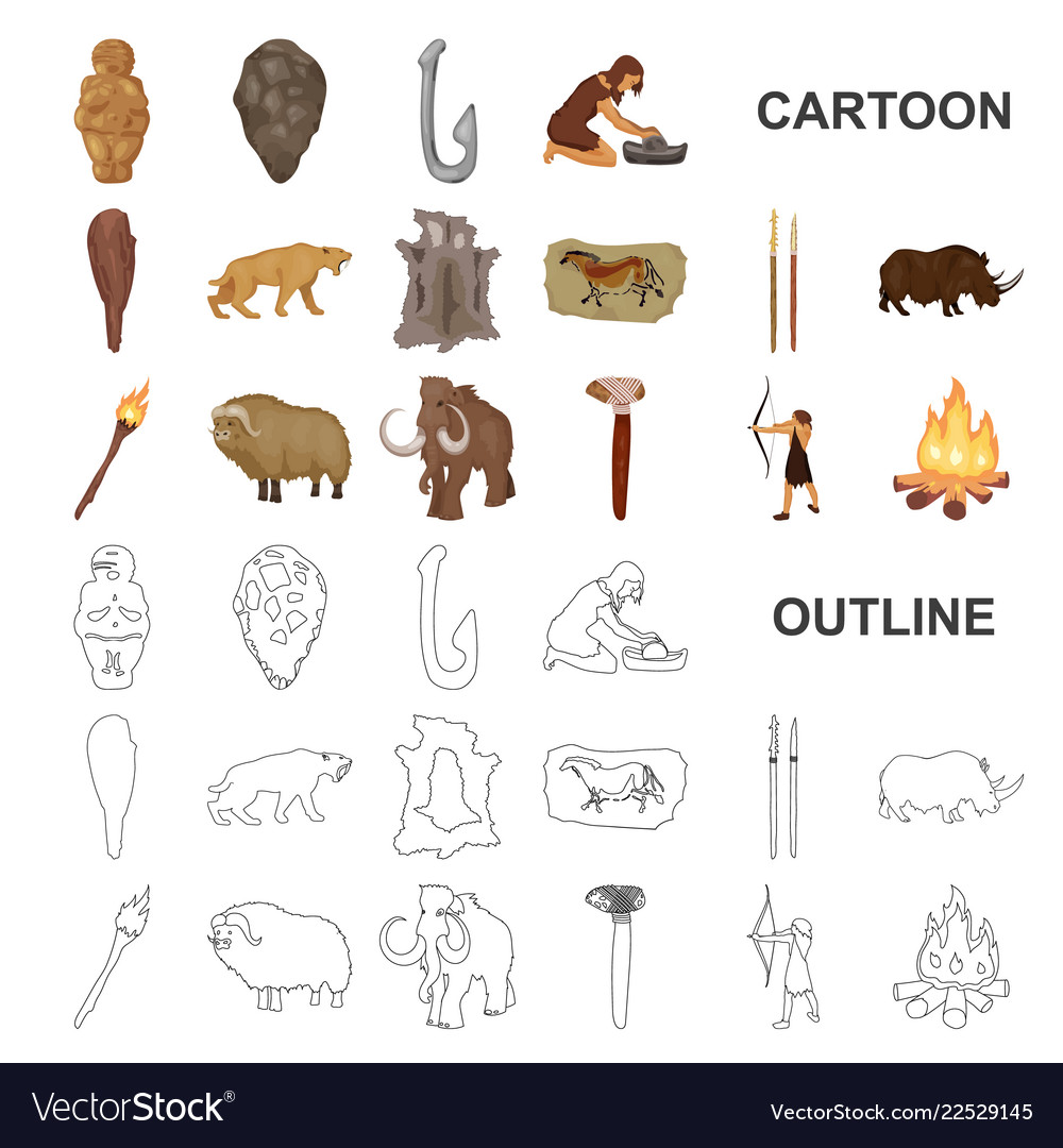 Life in the stone age cartoon icons in set Vector Image
