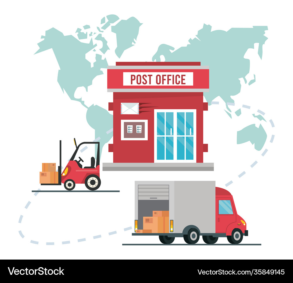 Post office building facade with truck Royalty Free Vector