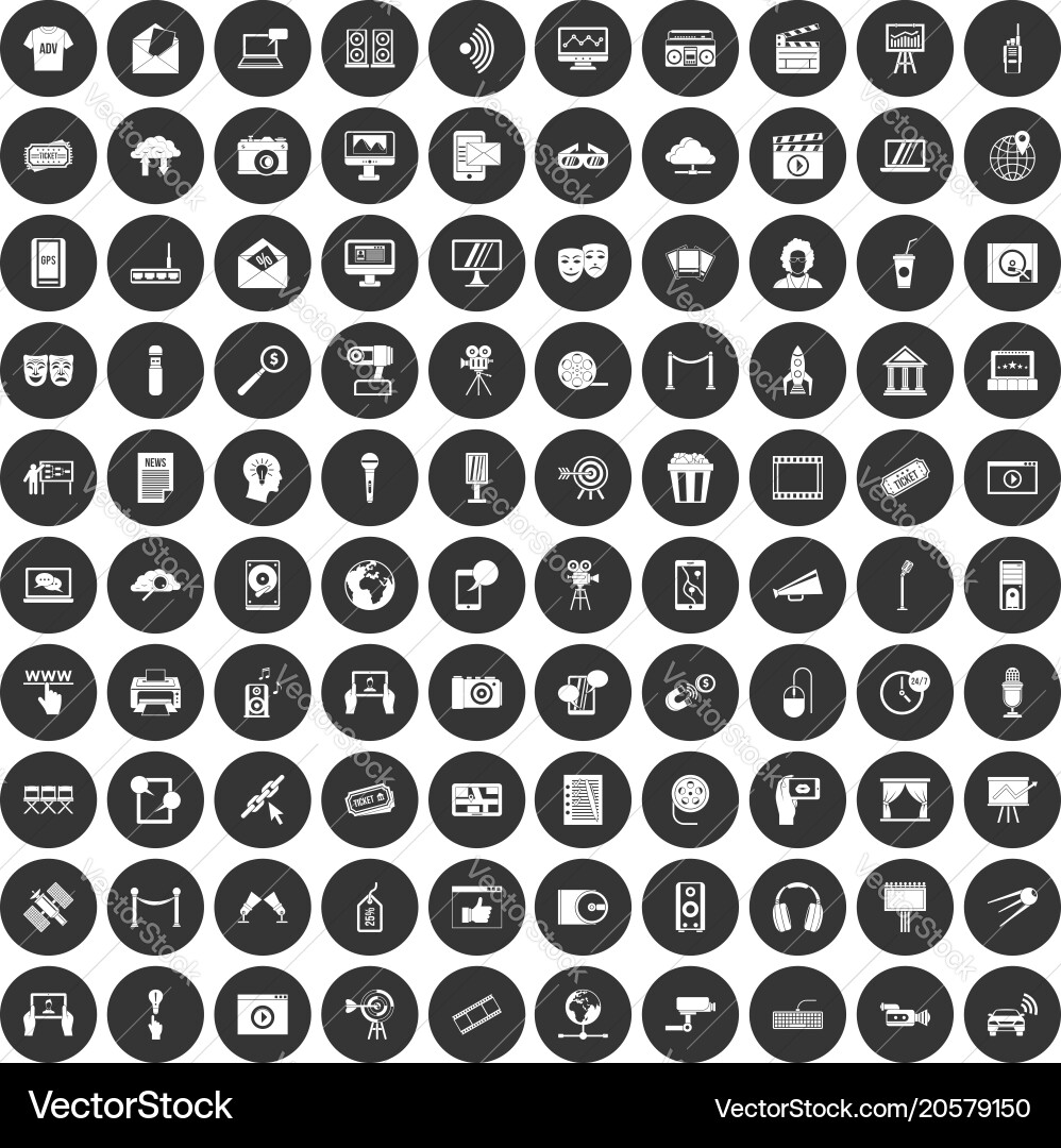 100 multimedia icons set black circle Royalty Free Vector