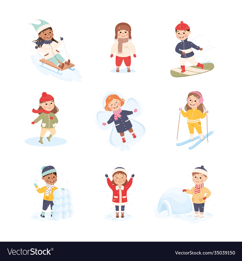 Children enjoying winter fun activities in snow Vector Image
