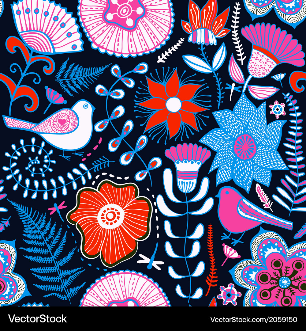 Seamless texture with flowers birds Royalty Free Vector